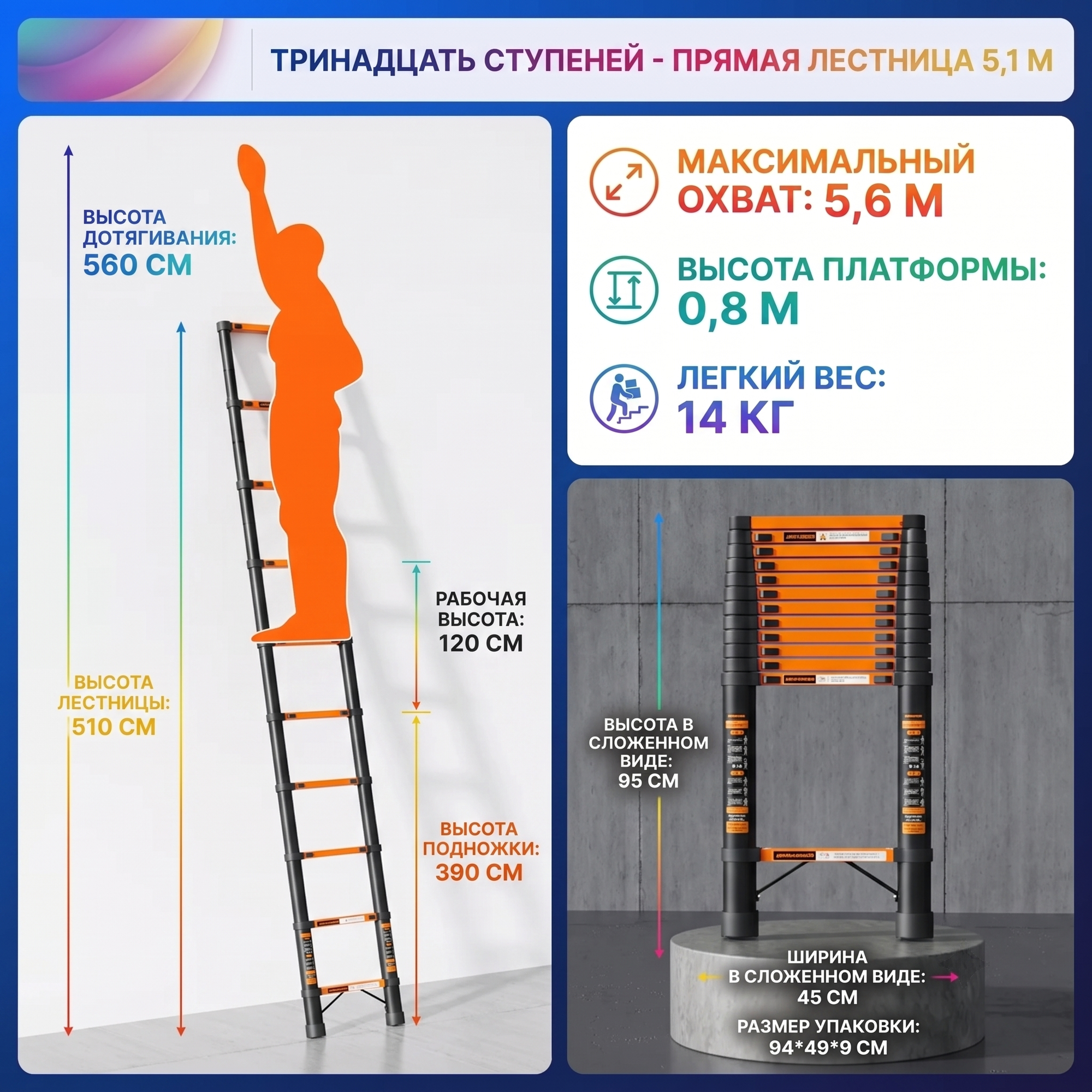 Прямая лестница из утолщенной углеродистой стали, сверхпрочная, 5,1 м