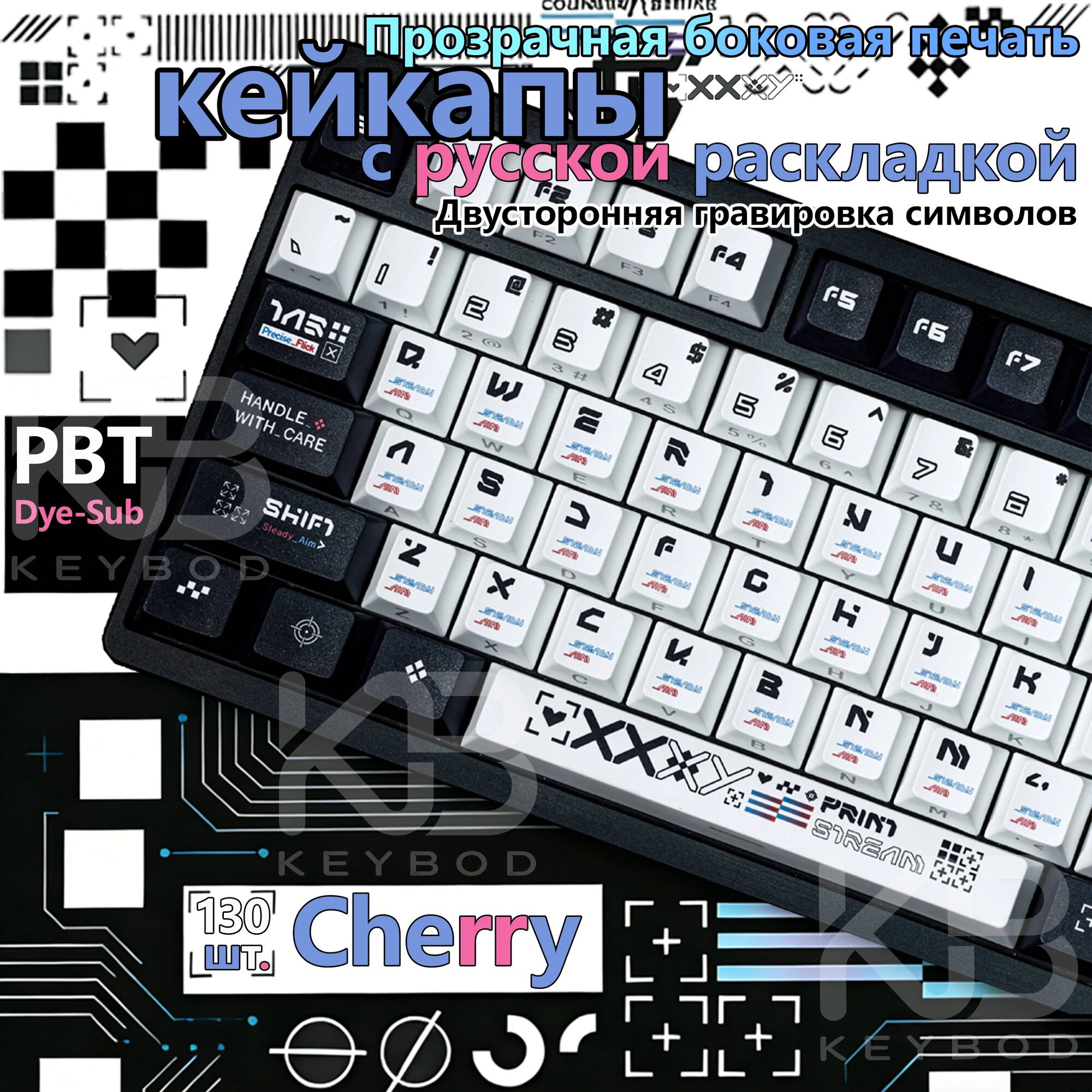 Русские аниме-кейкапы PBT Cherry Profile 130 клавиш белый
