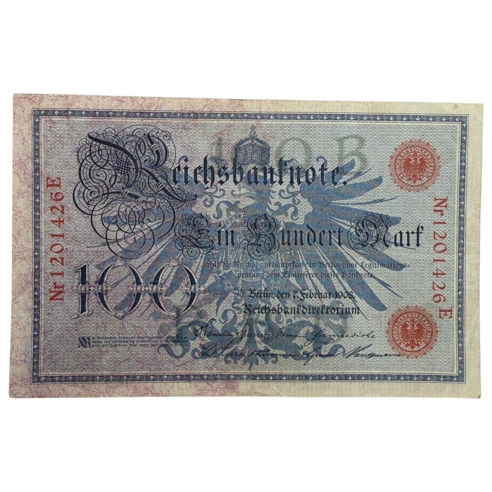 Германская империя (Германия) 100 марок 1908 г. (Красные печати) (Литера B) (Серия E) (29 мм.)
