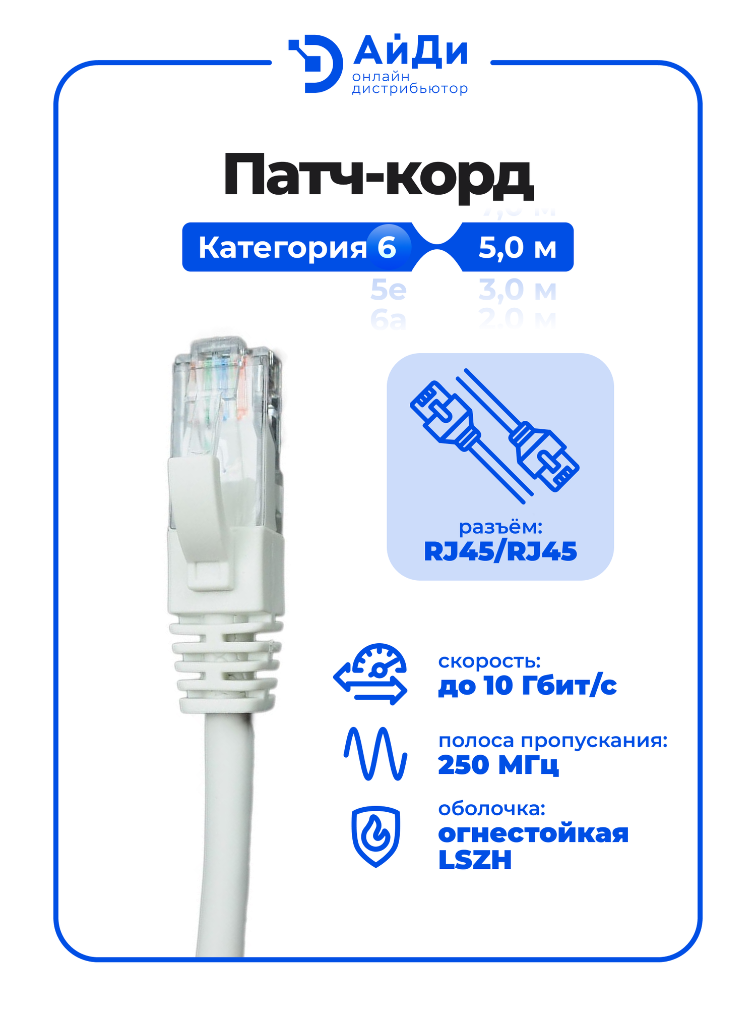 Интернет-кабель, категория 6, неэкранированный, U/UTP, RJ45-RJ45, 250 МГц LSZH, AWG24 5м, белый