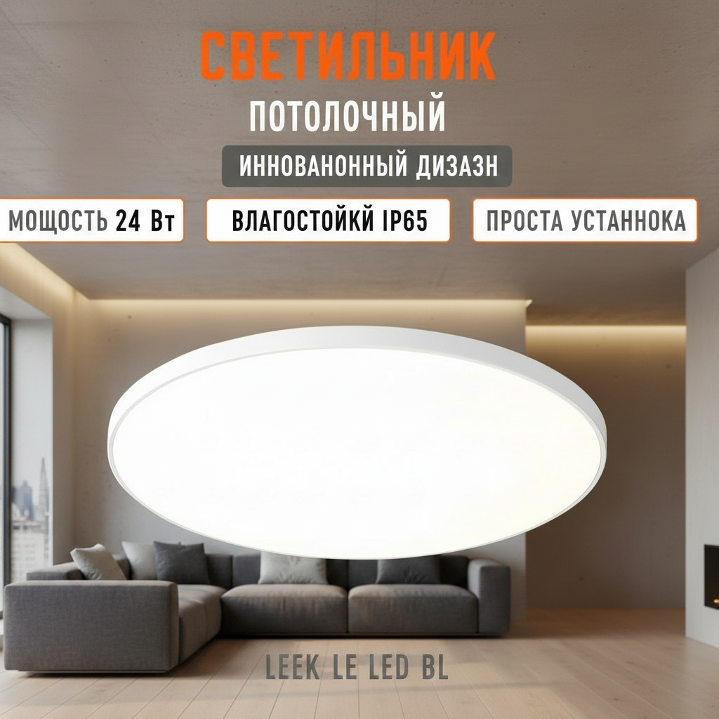 Влагозащищенный LED-светильник потолочный 24 Вт тонкий белый корпус 298x45 мм IP65