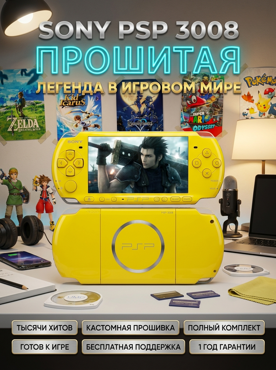 Новая игровая приставка Sony PSP 3008 Slim Yellow 64Gb 3000+ ИГР