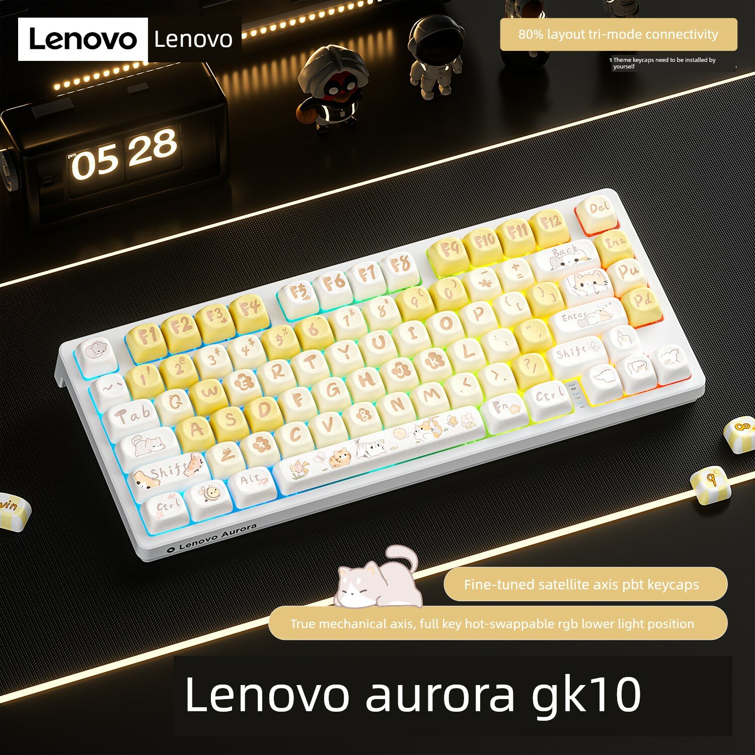 Lenovo GK10 беспроводная 3-режимная механическая клавиатура 80 клавиш, синий переключатель, тема цветущая кошка