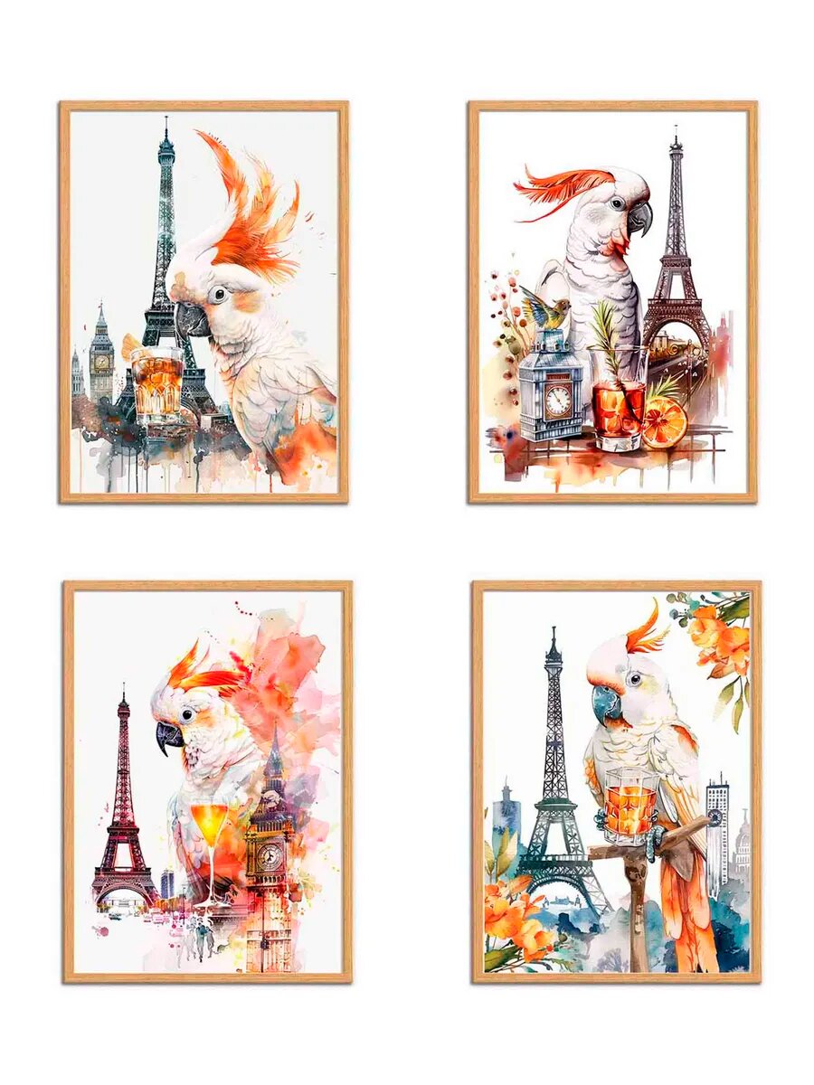 Птица какаду Пьет Виски, 4 Плаката, 30x21см