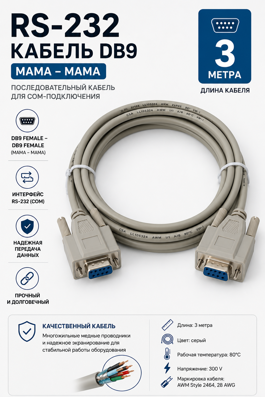 Кабель RS-232 DB9 (COM) «мама–мама» (DB9 Female – DB9 Female), 3 метра, 9-pin, серый