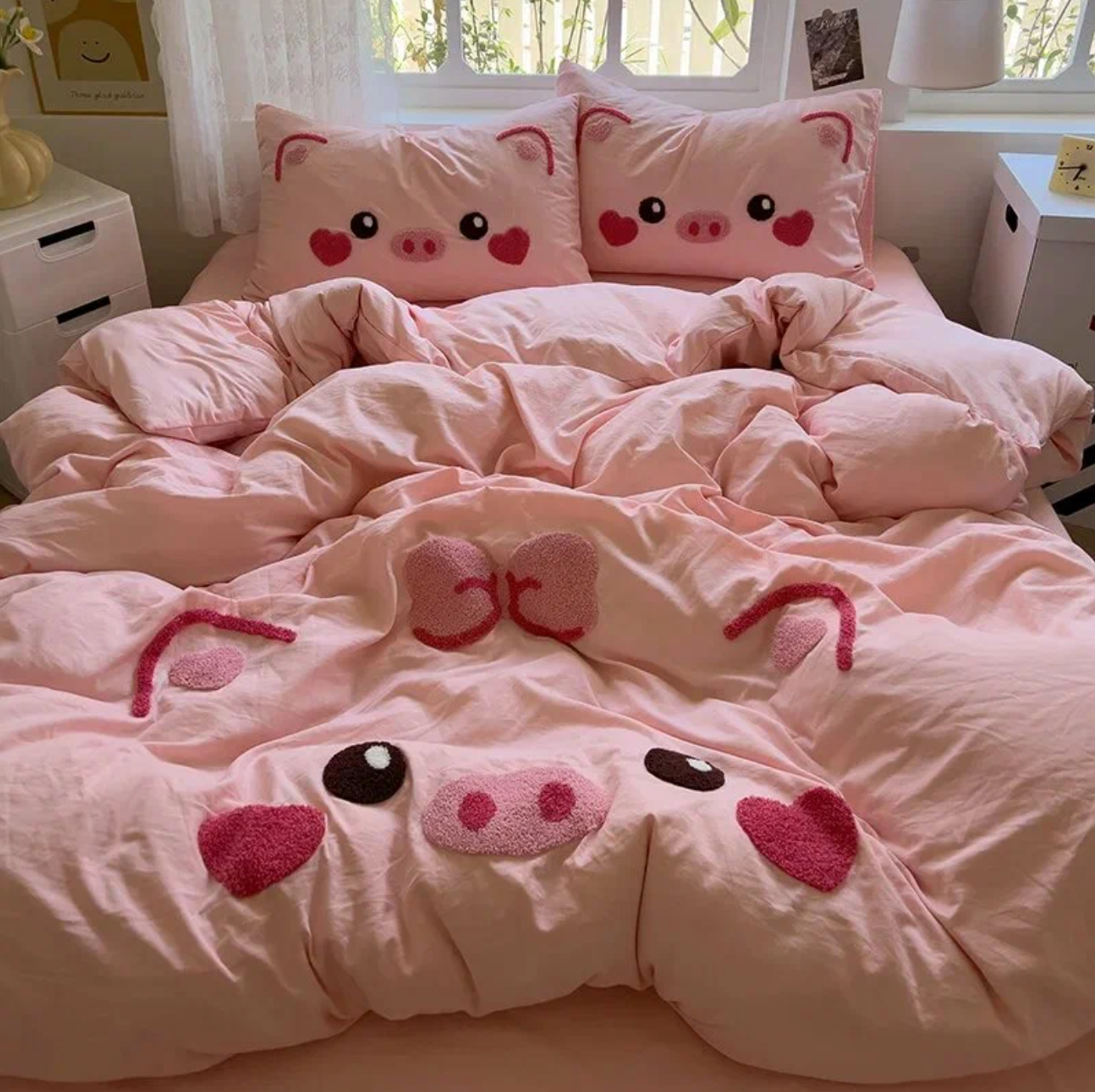 Комплект постельного белья Kawaii Pink Pig, 150×200 см, 4 предмета, полиэстер, 3D-печать, розовый