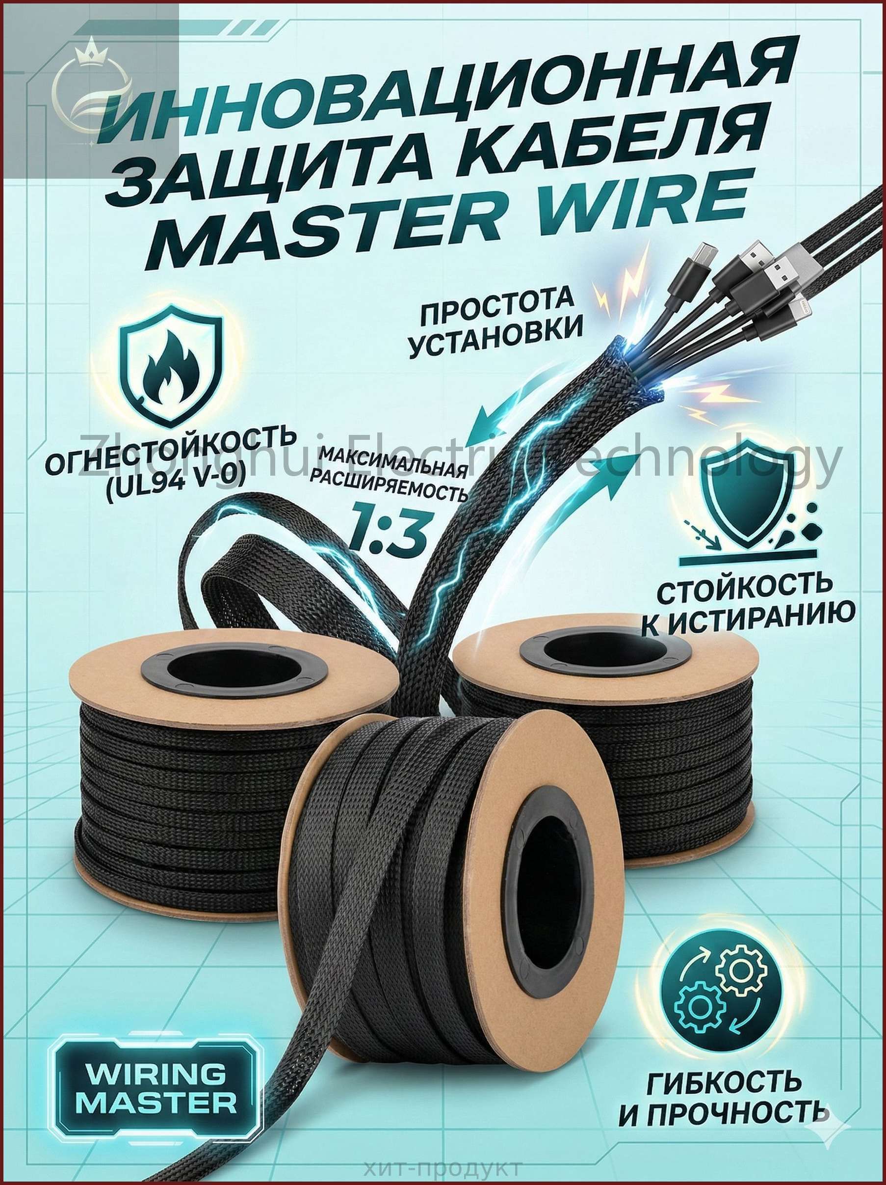 Оплетка для кабеля ПЭТ Wiring Master, защитный сетчатый органайзер для проводов Змеиная кожа, кабельный чулок расширяемый, для ПК и авто, 100м