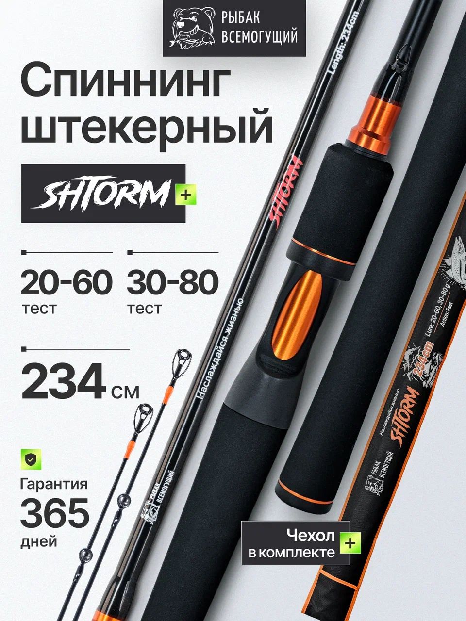 Спиннинг Рыбак Всемогущий Шторм штекерный 2.34 см. два хлыста, тест 20-60, 30-80 гр