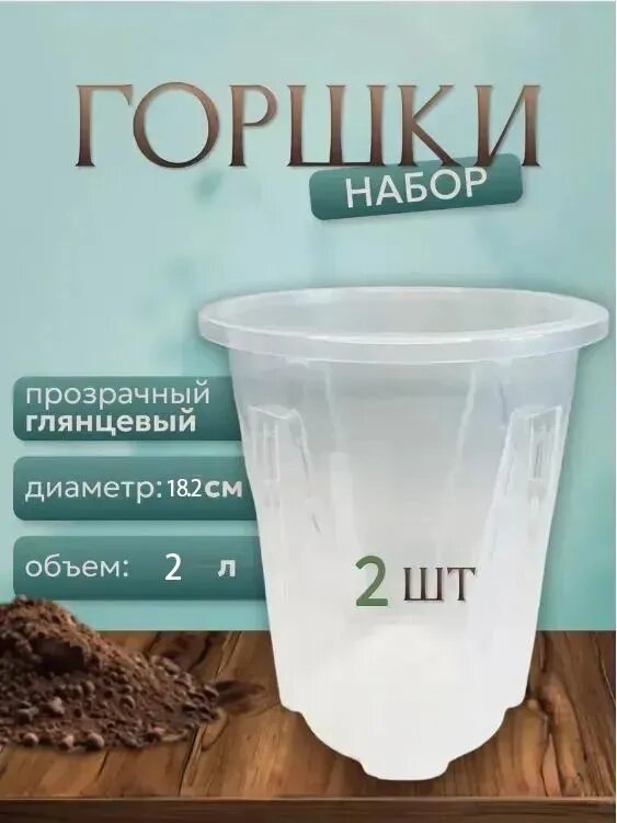 Горшок для цветов прозрачный глянцевый, 2 л, 18.2 см, набор из 2 штук, пластик