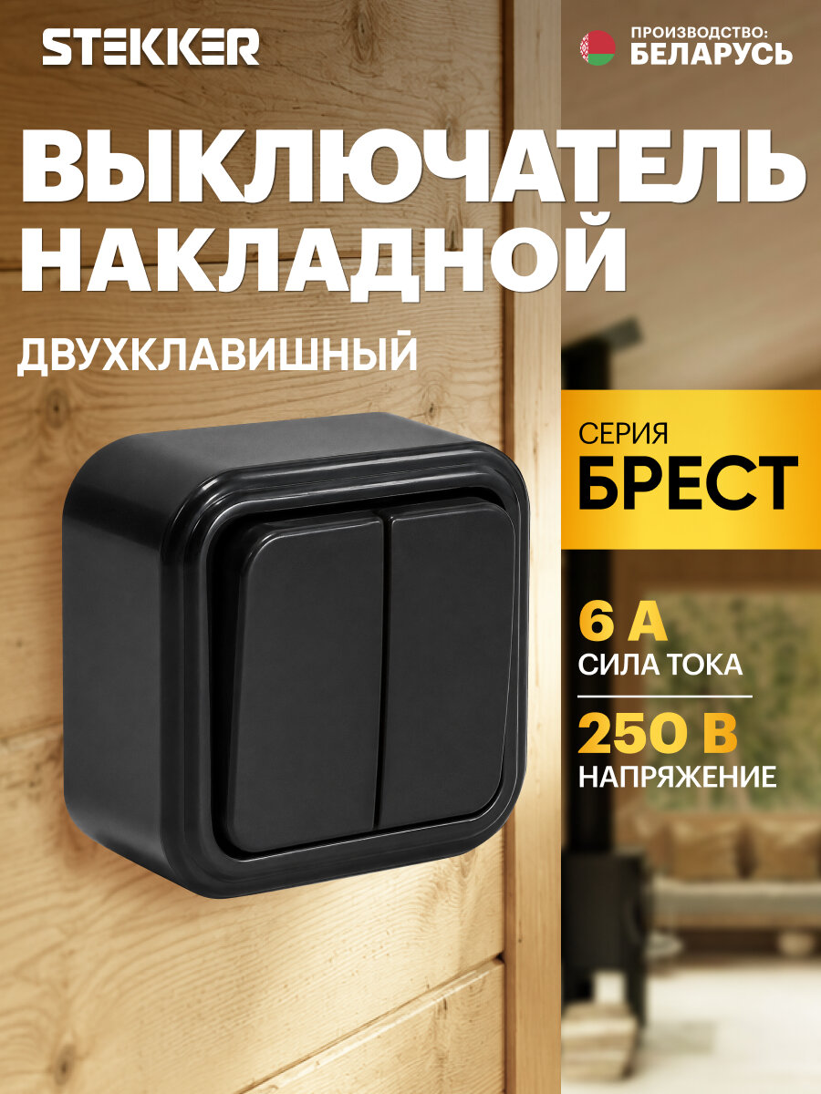 Выключатель двухклавишный 250V 6А, черный, Брест Stekker PSW06-22-20 32745