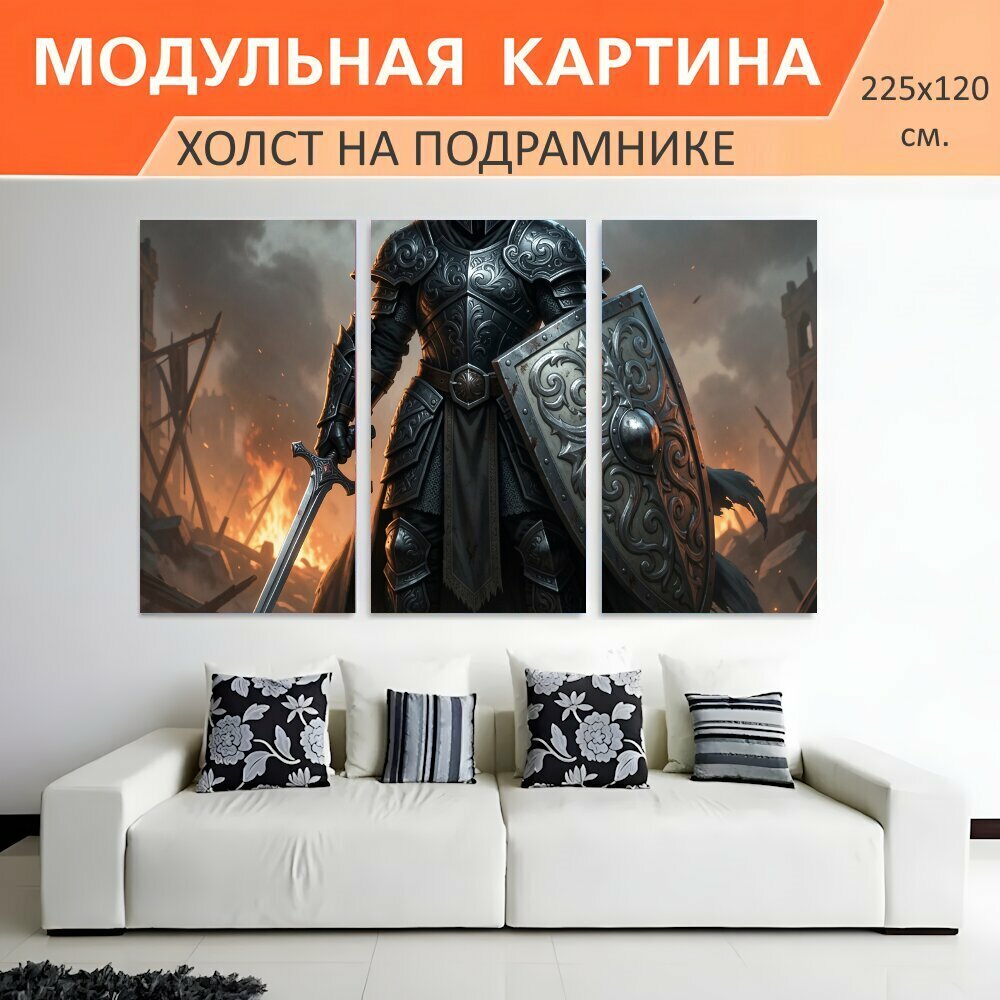 Модульная картина на холсте "Рыцарь с мечом и щитом. Темный фэнтези-воин в рогатом шлеме и тяжелых доспехах стоит среди руин и." триптих на подрамнике 225х120 см. для интерьера