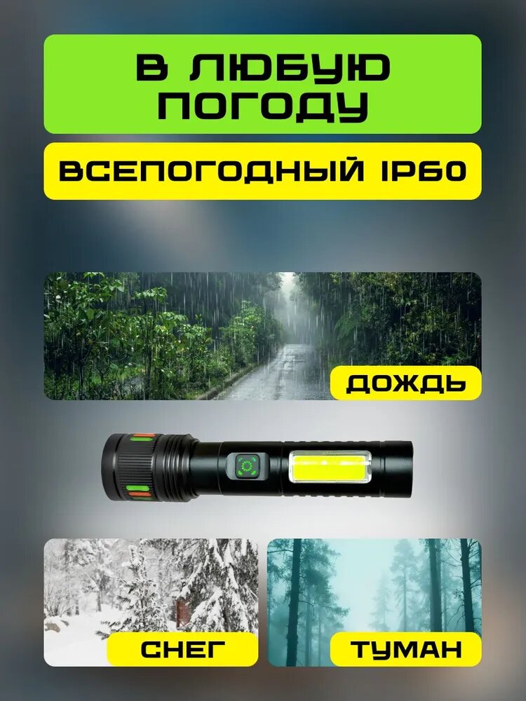 Фонарь ручной мощный 10000 Лм, дальность 3000м, встроенный аккумулятор, IP60, черный — фото 1
