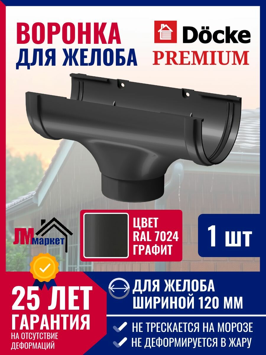 Водосточная воронка Docke Premium графит, 1 шт. в уп, желоб с воронкой серый ПВХ Деке Премиум