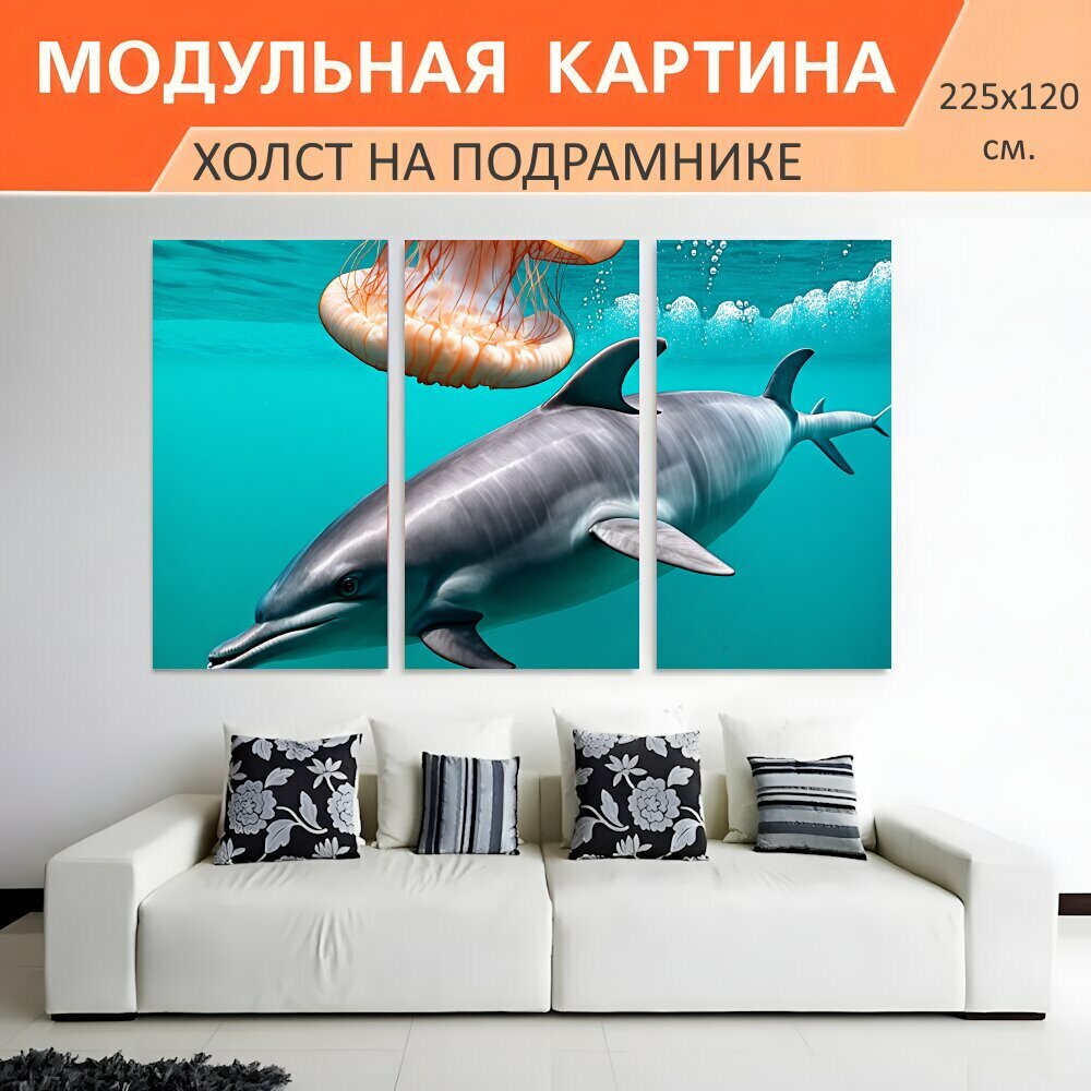 Модульная картина на холсте "Дельфин, плывущий под водой, с блестящей серой кожей, рядом с большими пушистыми медузами, в бирюзовой." триптих на подрамнике 225х120 см. для интерьера