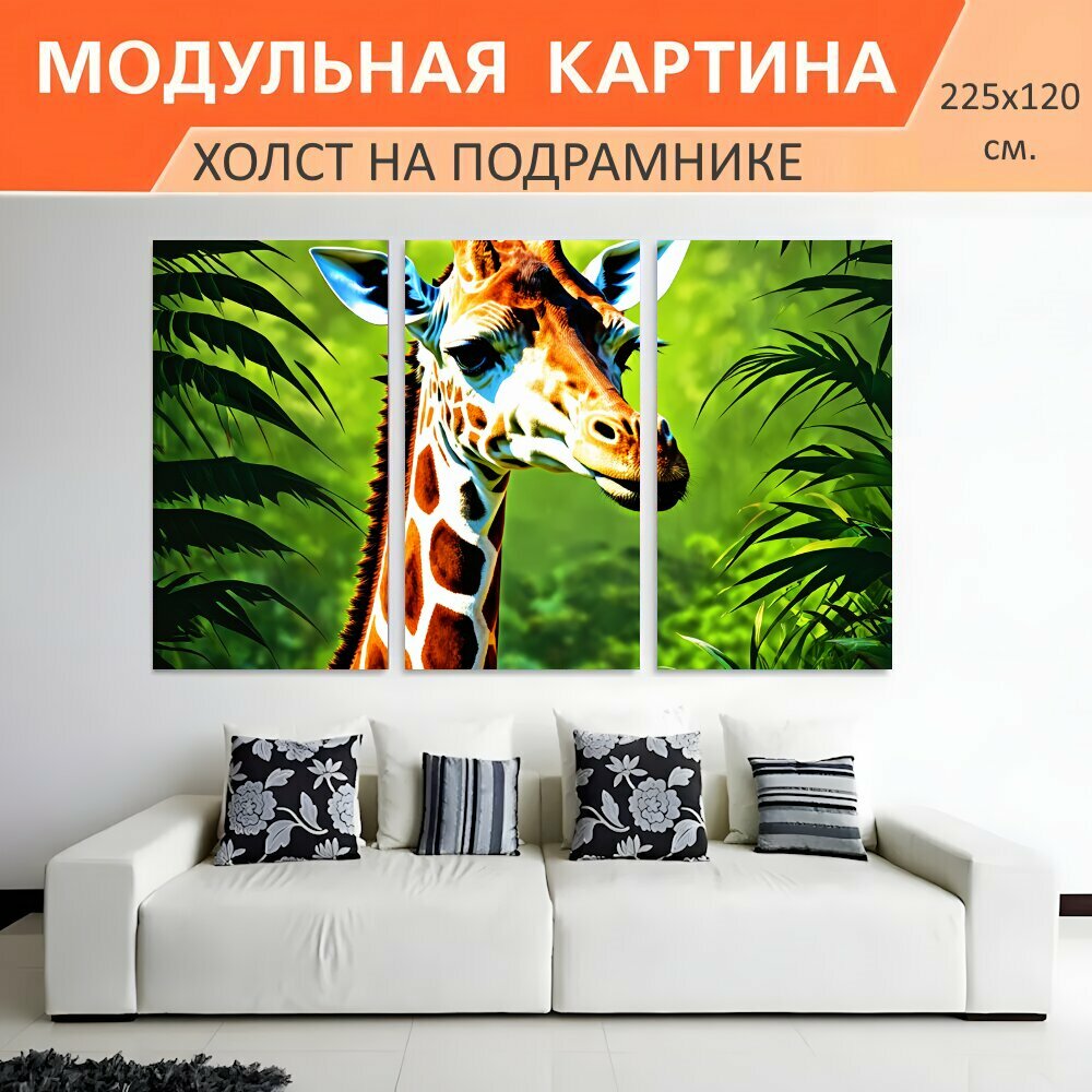 Модульная картина на холсте "Жираф в джунглях, реалистичный стиль, детализированное рисование, яркие цвета" триптих на подрамнике 225х120 см. для интерьера
