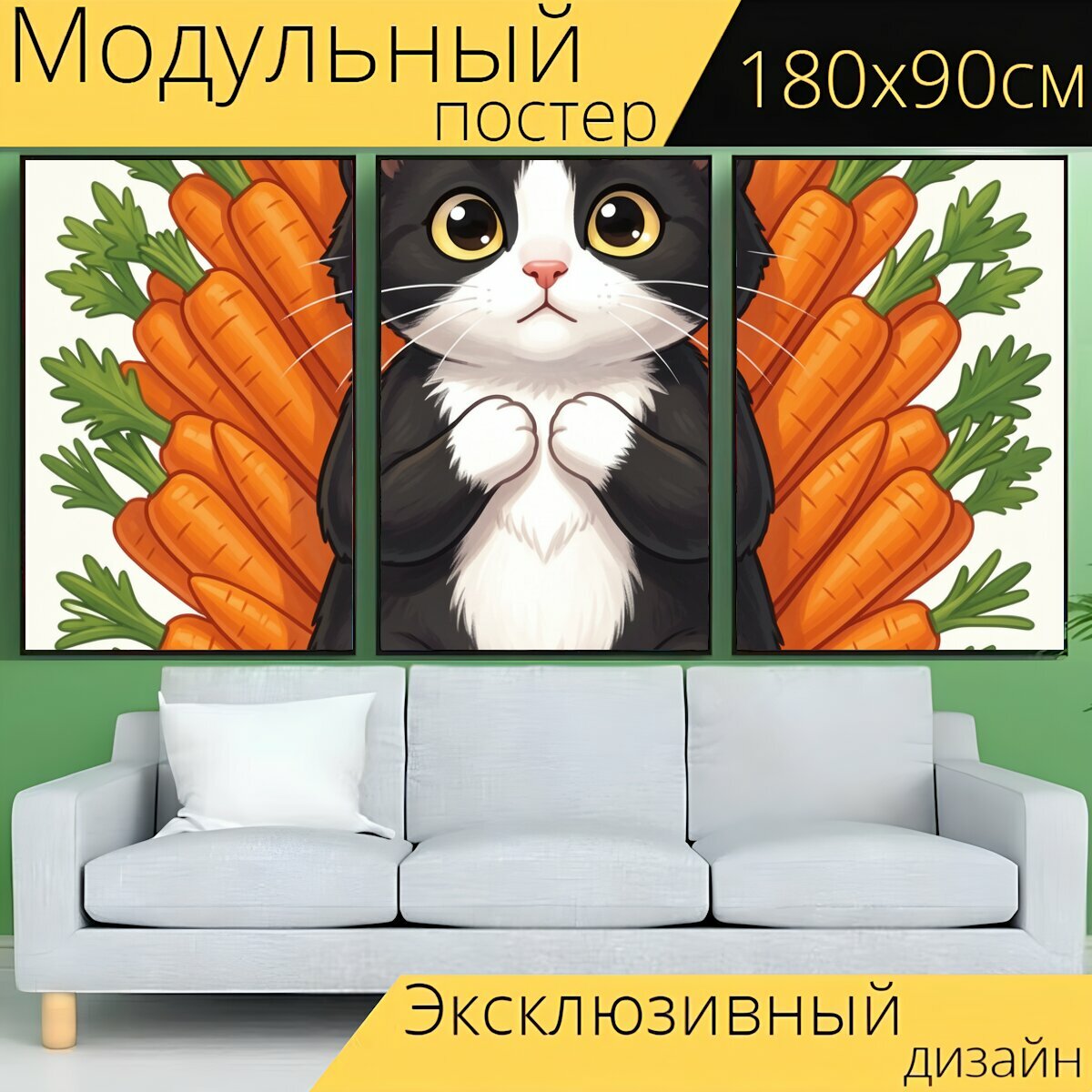 Модульный постер "Милый котенок среди моркови. Очаровательный черно-белый кот с большими глазами сидит на фоне оранжевых морковок и." 180 x 90 см. для интерьера на стену в тубусе