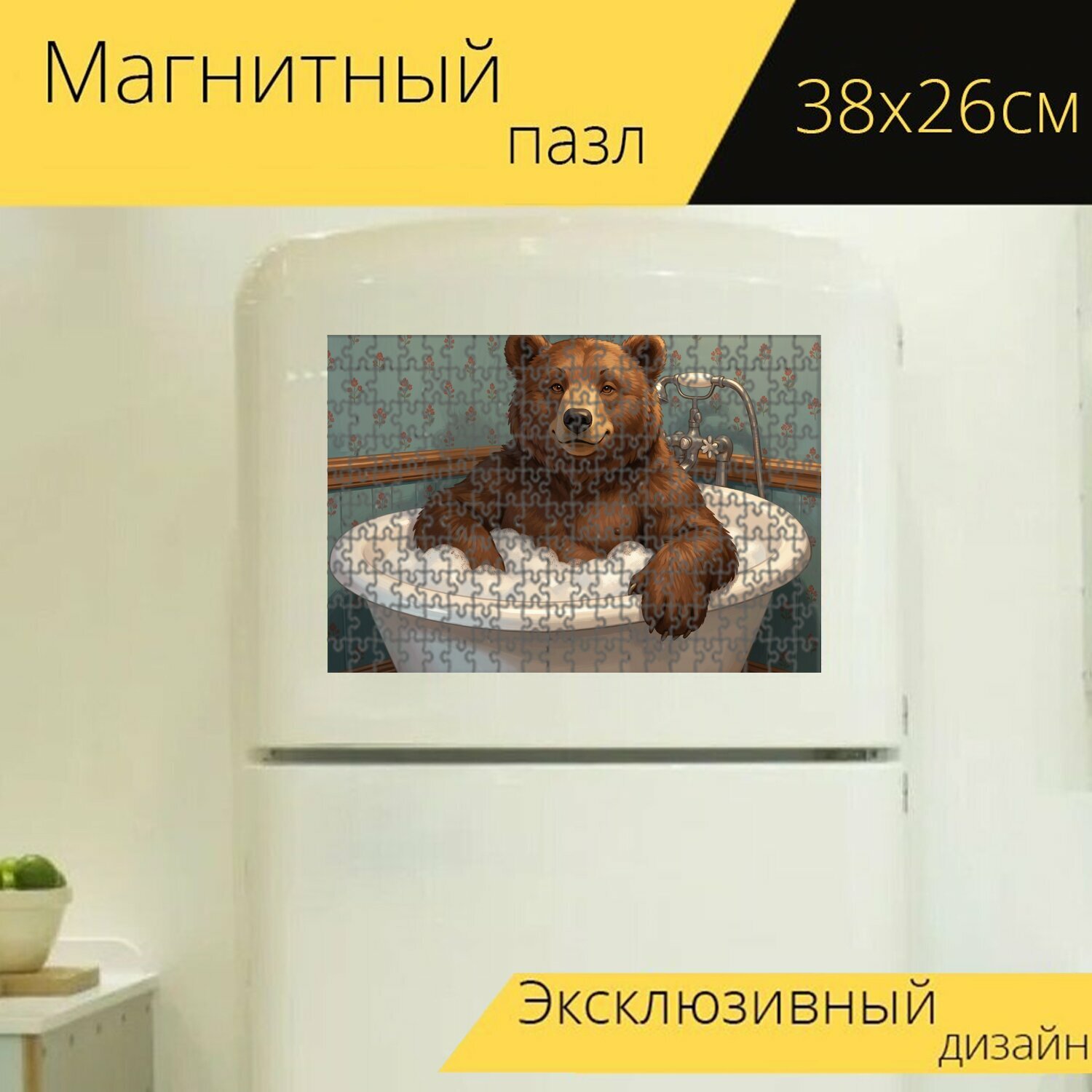 Магнитный пазл "Медведь в ванне с пеной. Лесной зверь расслабленно сидит в старинной купальне, окружённой пеной и мягким светом. Иллюстрация в тёплых." для интерьера, 38х26 см.