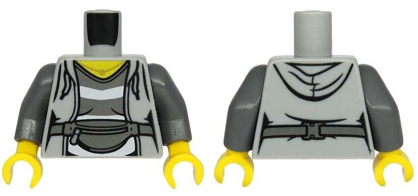 Деталь Lego 973pb3775c01 Torso Female Hoodie with Laces over Dark Bluish Gray and White Striped Shirt, Belt with Bag Pattern / Dark Bluish Gray Arms / Yellow Hands