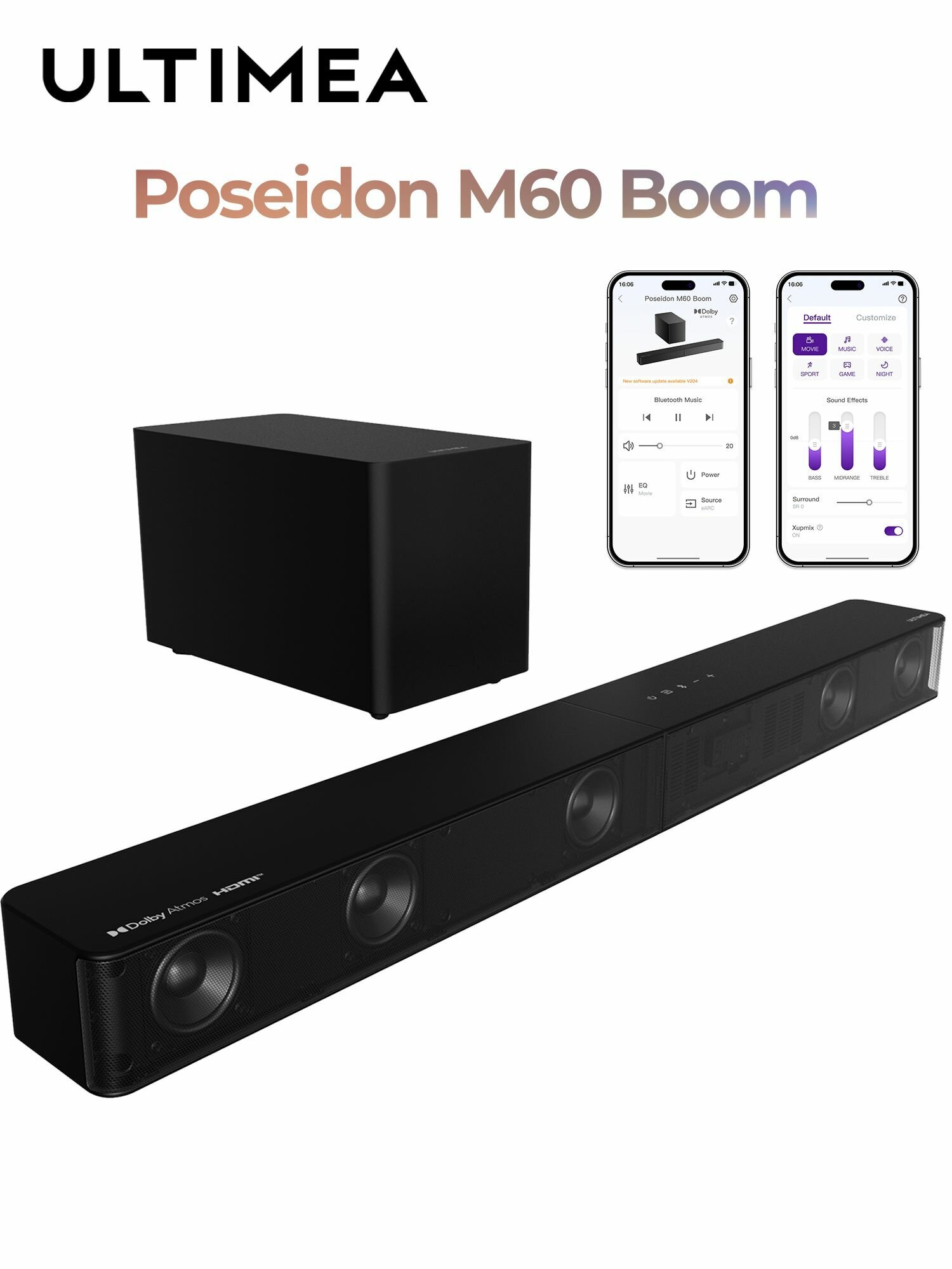 ULTIMEA Саундбар 5.1 Poseidon M60 BOOM, 340 Вт, 5.25" сабвуфер, управление через приложение, звуковая система для ТВ и домашнего кинотеатра (2025)