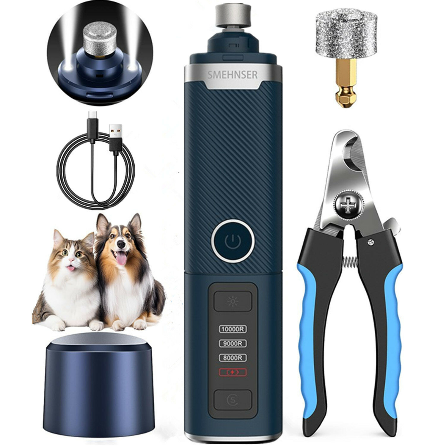 Электрическая машинка для стрижки когтей с 3-скоростным режимом и двойной подсветкой, электрические когтерезы для собак, перезаряжаемые когтерезы для кошек, инструменты для стрижки когтей.