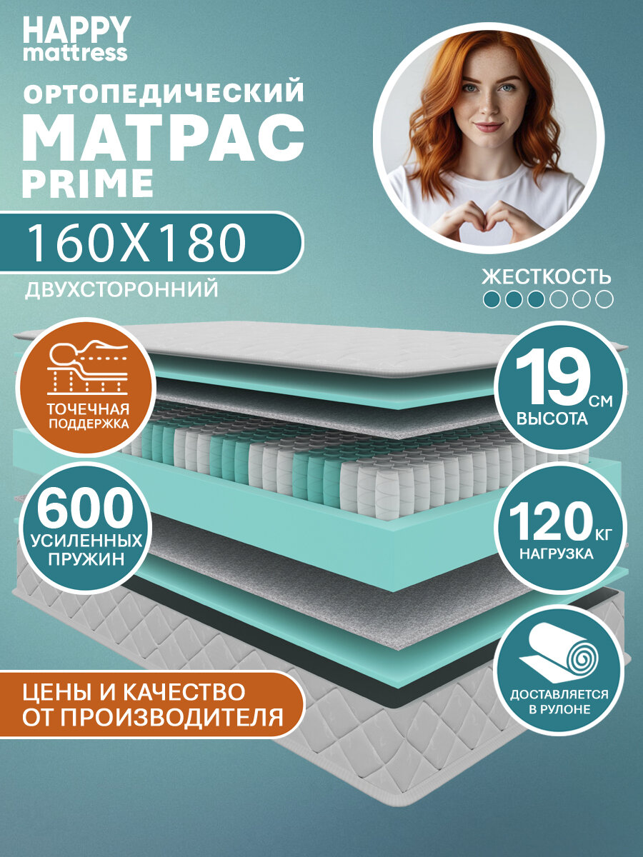 Матрас HAPPY MATTRESS PRIME ортопедический, пружинный, на кровать и диван, высота 19 см, 160х180 см
