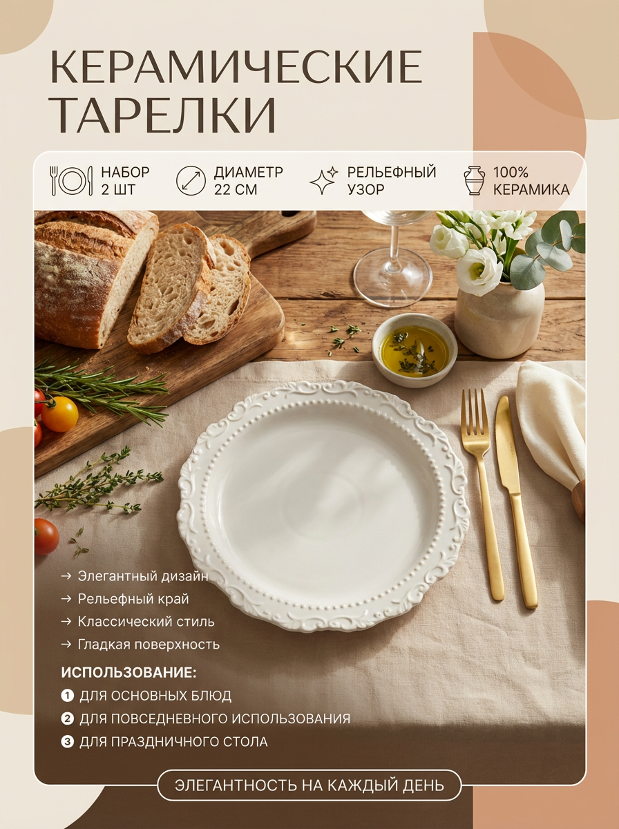 Керамические тарелки с рельефом в винтажном стиле: для стейков, десертов и сервировки 2 шт