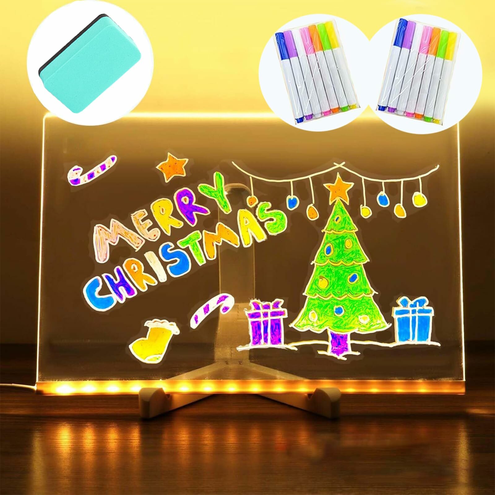 2025 LED Note Board с Color, Light Up Acrylic Message Board, Illuminated Acrylic Dry Erase Notepad с Adjustable Stand и 7 Colors Pen для Office School Home (L-11.8x7.9in и sponge), 1x luminescent acrylic marker board, 2 sets of 7-color pens, 2x cleaning