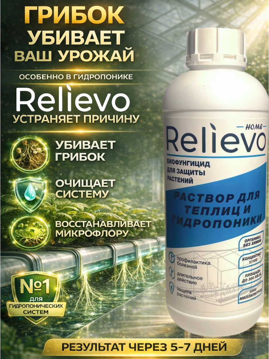 Биофунгицид Relievo "Защита теплиц", для дезинфекции гидропоники