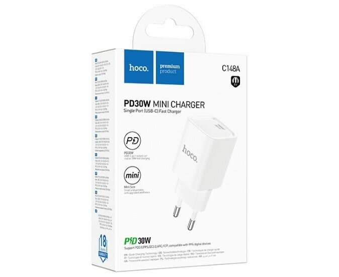Сетевая зарядка Type-C, Hoco C148A Charm, PD 30W, белый