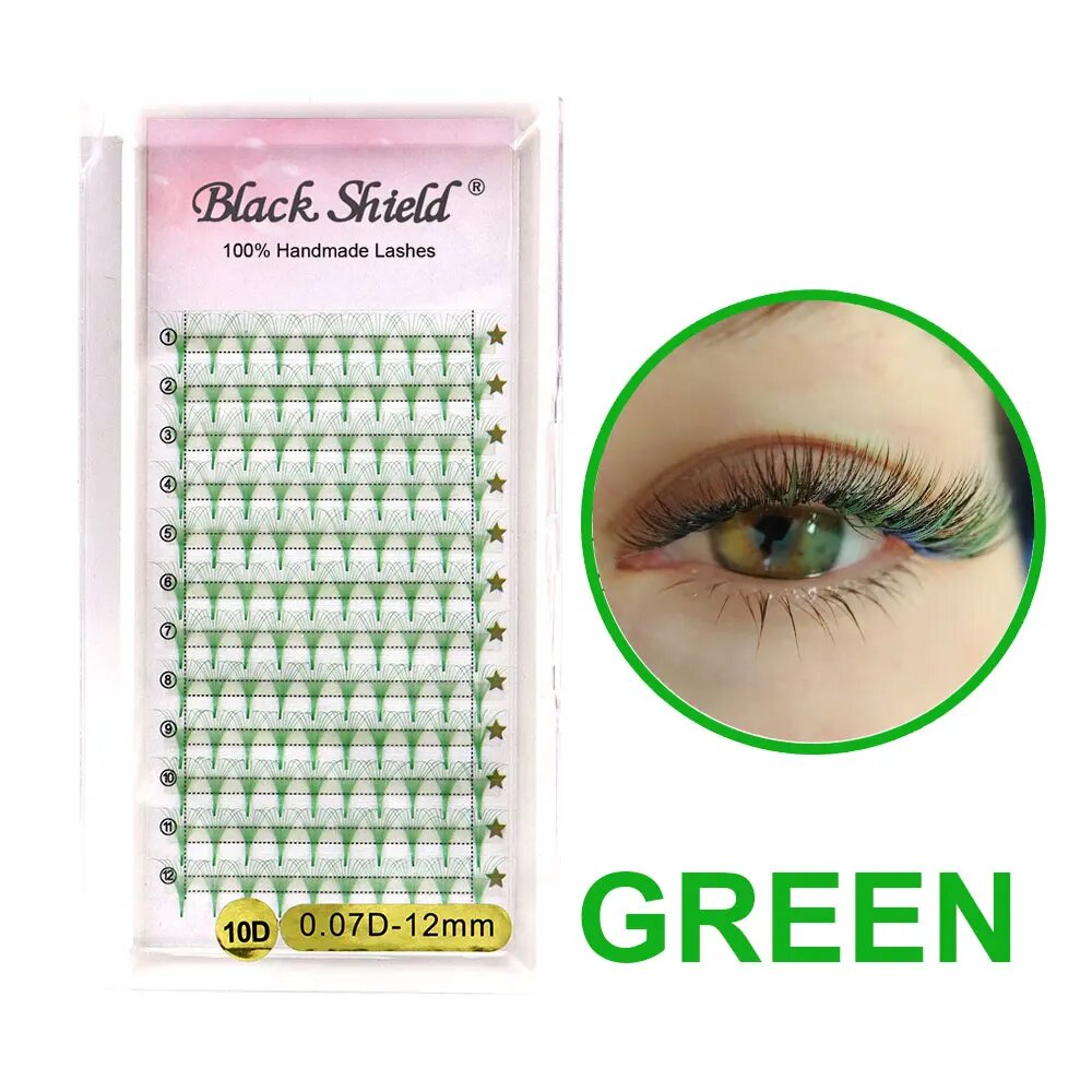 Накладные ресницы BLACK SHIELD Pointy Base Manga 6D 0.07mm Зеленый, D, 10D-11mm, Green