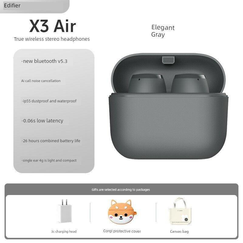 Edifier X3 AIR беспроводные наушники с шумоподавлением для спорта, высококачественный звук, водонепроницаемые, серый