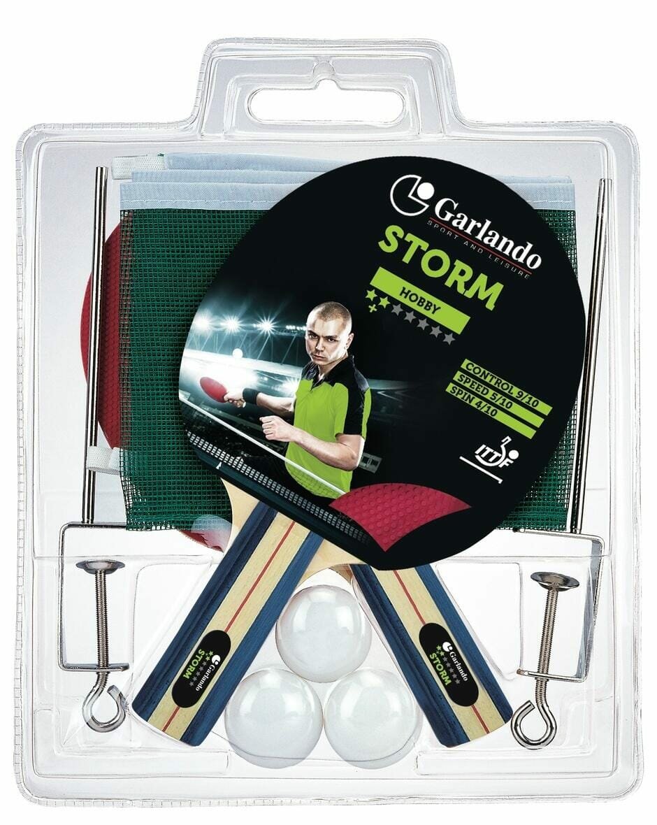 DECATHLON ракетка для настольного тенниса Decathlon Garlando Storm Plus, набор 2 ракетки, 3 мяча, сетка и стойки, черный, анатомический