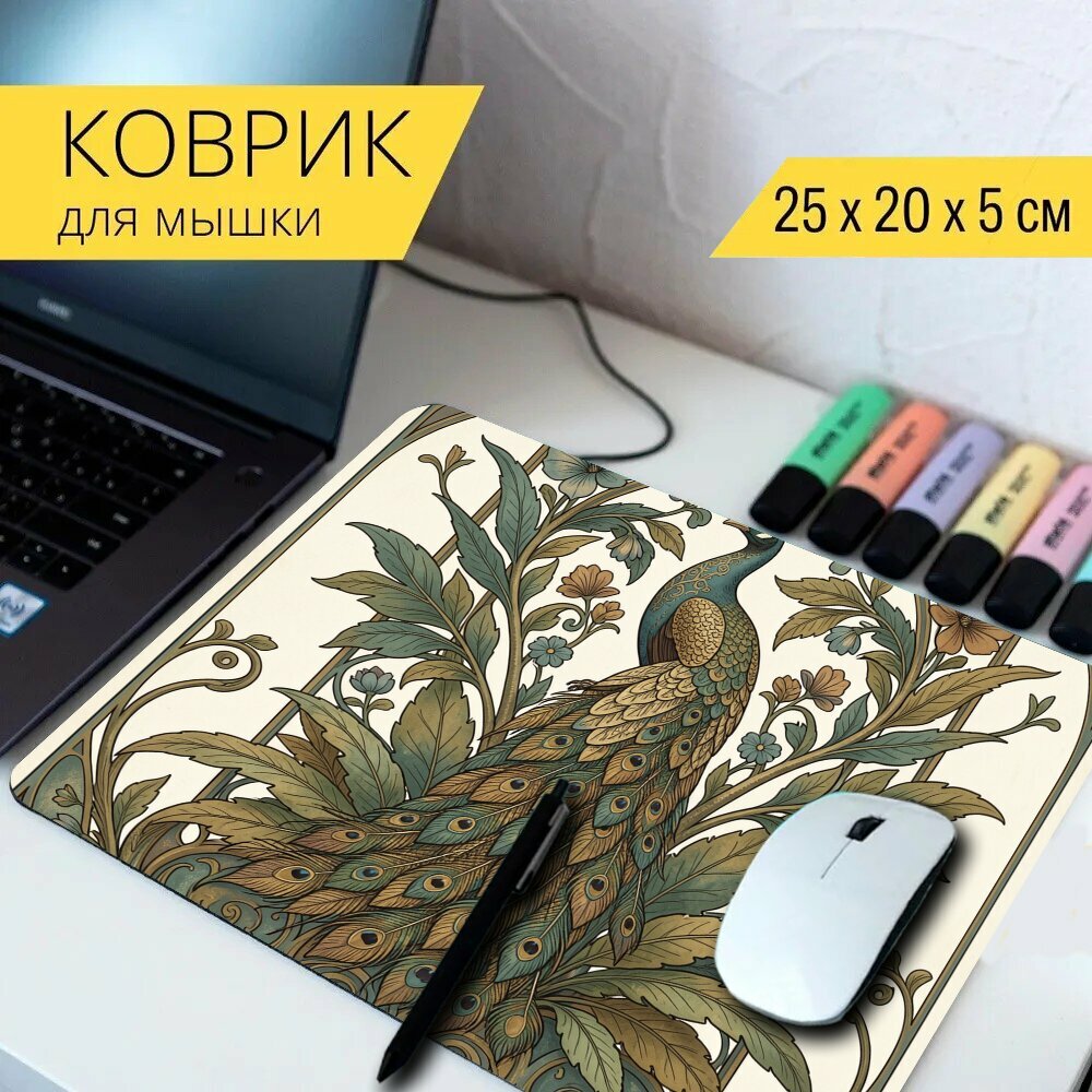 Коврик для мыши с принтом "Павлин среди цветочного орнамента. Изящная декоративная композиция в стиле ар-нуво: павлин с распущенным оперением, окружённый крупными листьями." 25x20см.