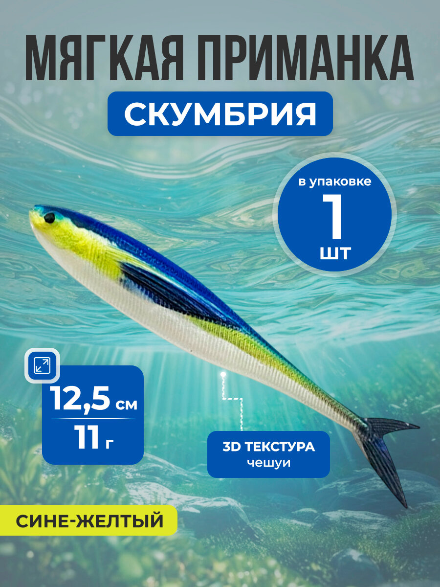 Рыболовная реалистичная, мягкая 3D приманка Soft Swimbait/Paddle Tail/Shad, имитация скумбрии, для троллинга/заброса в соленой воде, 12,5 см/11г, сине-желтый