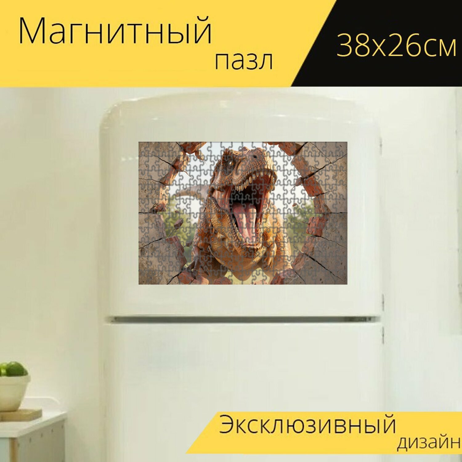 Магнитный пазл "Ревущий динозавр в проломе стены. Детализированная 3D-сцена: крупный хищный ящер с раскрытой пастью и острыми зубами пробивает треснувшую." для интерьера, 38х26 см.