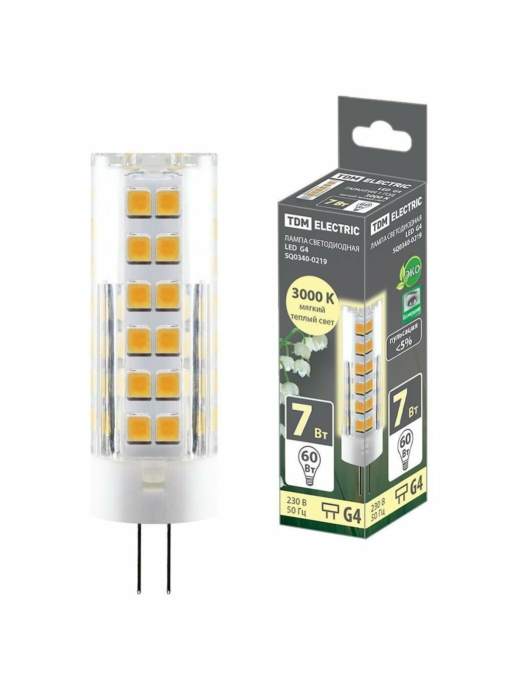 Лампа светодиодная TDM Electric G4 7 Вт (60 Вт) 3000К теплый белый свет, капсула, 230В, SQ0340-0219