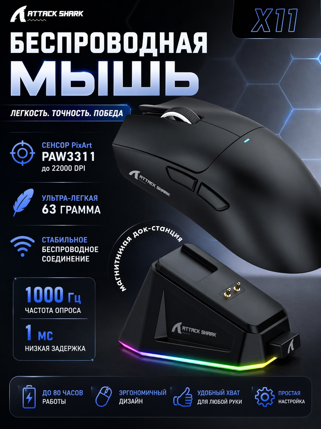 Игровая мышь ATTACK SHARK X11 PAW 3311, 50м/с, беспроводная, эргономичная