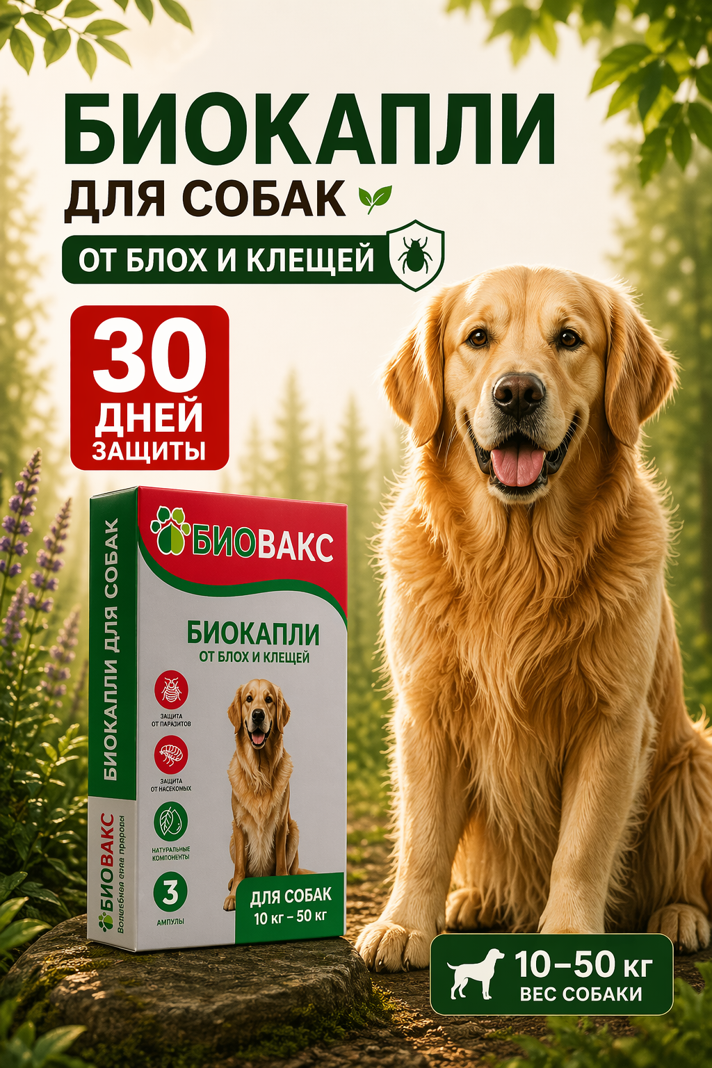 БиоВакс Капли для собак от блох и клещей на холку, 3 пипетки
