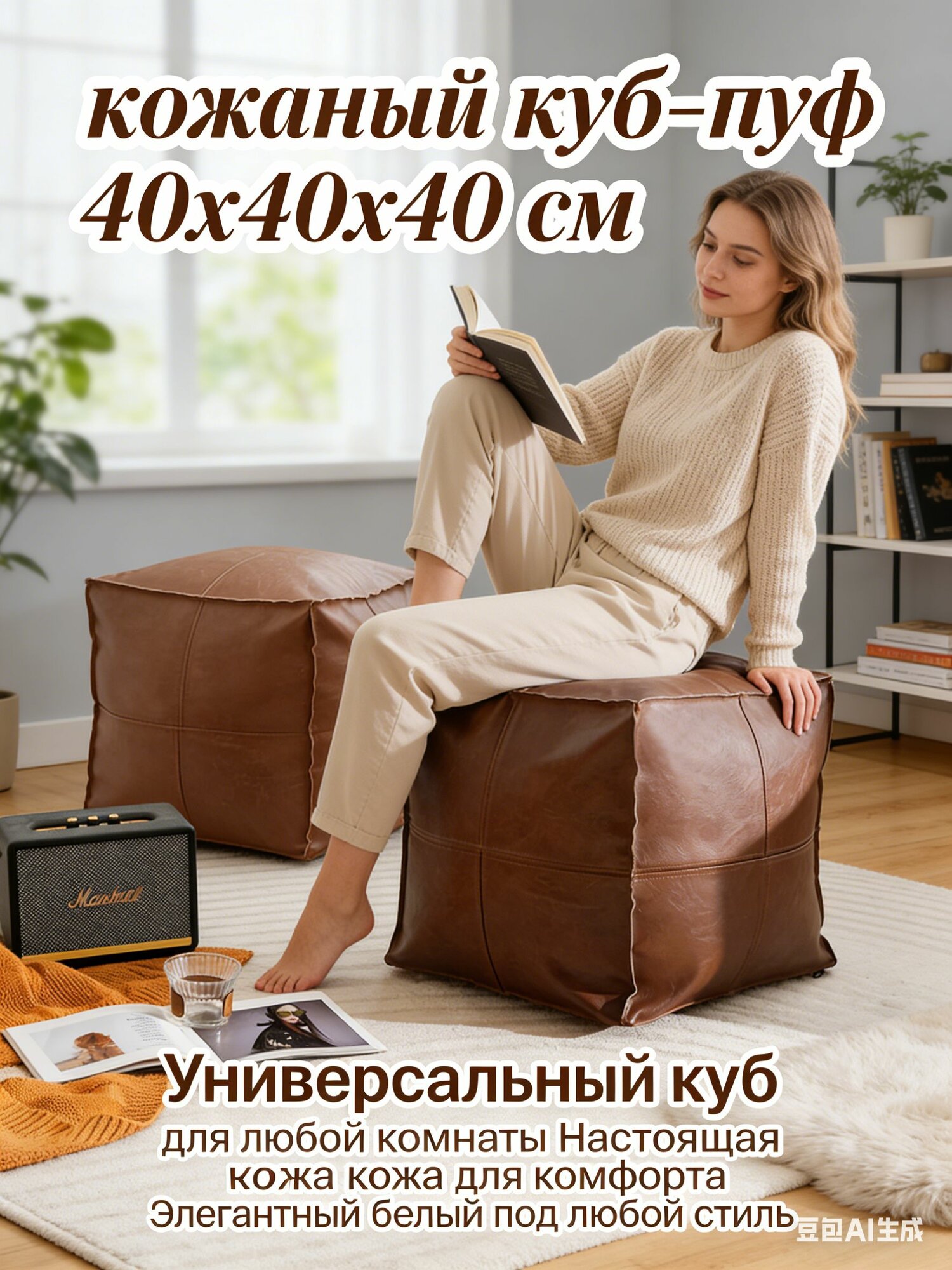 Белый пуф-куб 40x40x40 см — дополнительное сиденье и подставка для интерьера: гостиная, спальня, прихожая — для дома