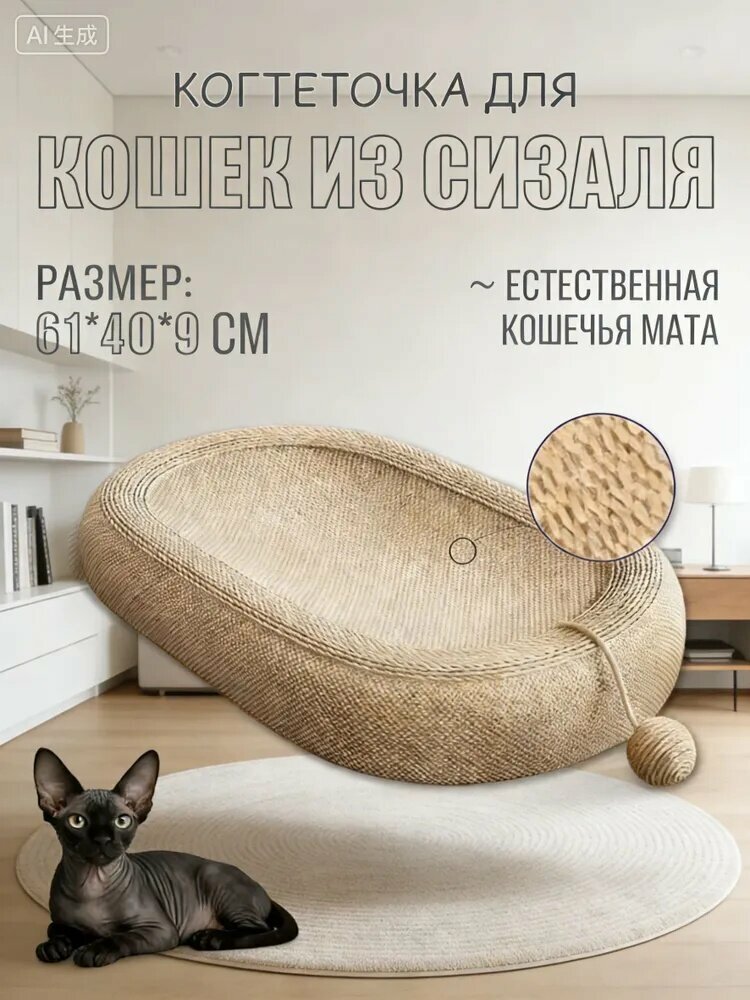Когтеточка для больших кошек лежанка сизалевая 61х40х9 см. Огромная когтедралка для Мейн-куна и Британцев, овальное гнездо с мятой и игрушкой.