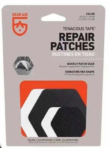 Клейкие заплатки Tenacious Tape Repair Patches (Gear Aid, черный+прозрачный, шестиугольные, различные размеры)