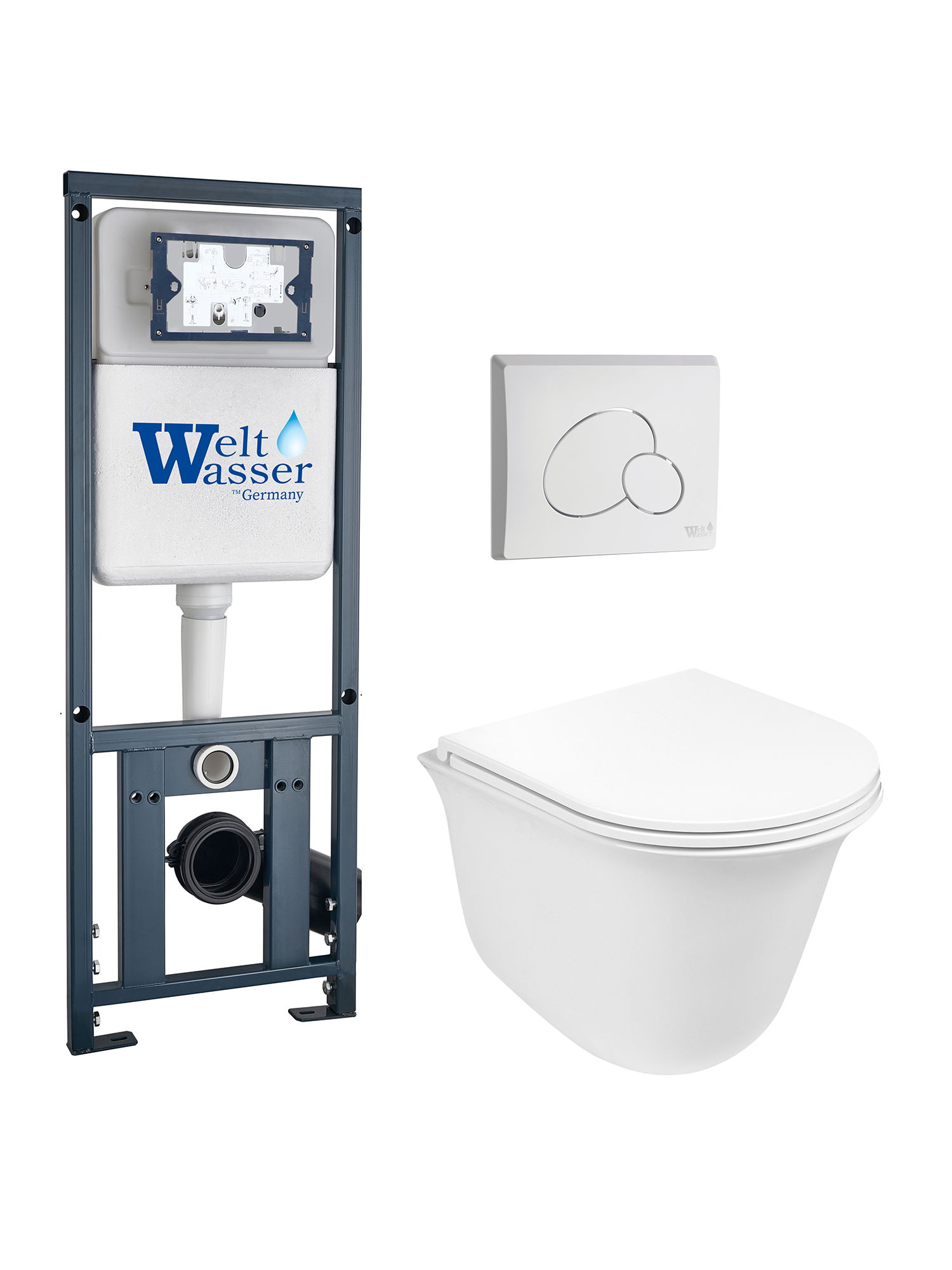 Комплект 3 в 1 Унитаз подвесной WeltWasser TELBACH 004 GL-WT безободковый+Инсталляция MARBERG 410 с кнопкой MAR 410 RD GL-WT белая глянцевая