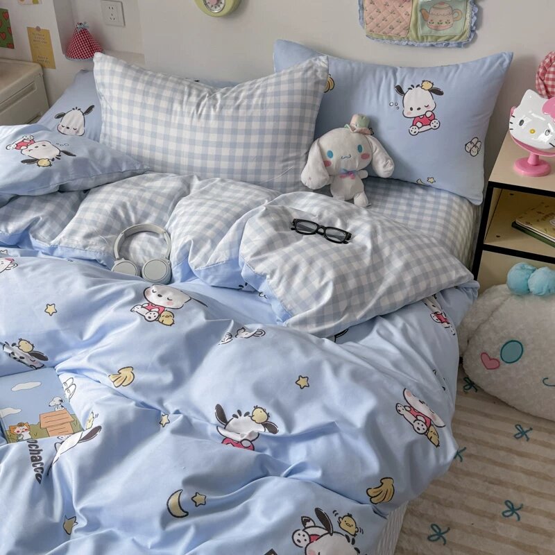 Пододеяльник из стираного хлопка Hello Kitty, однотонный, комплект из четырех предметов Hello KT Cat, простыня, детский