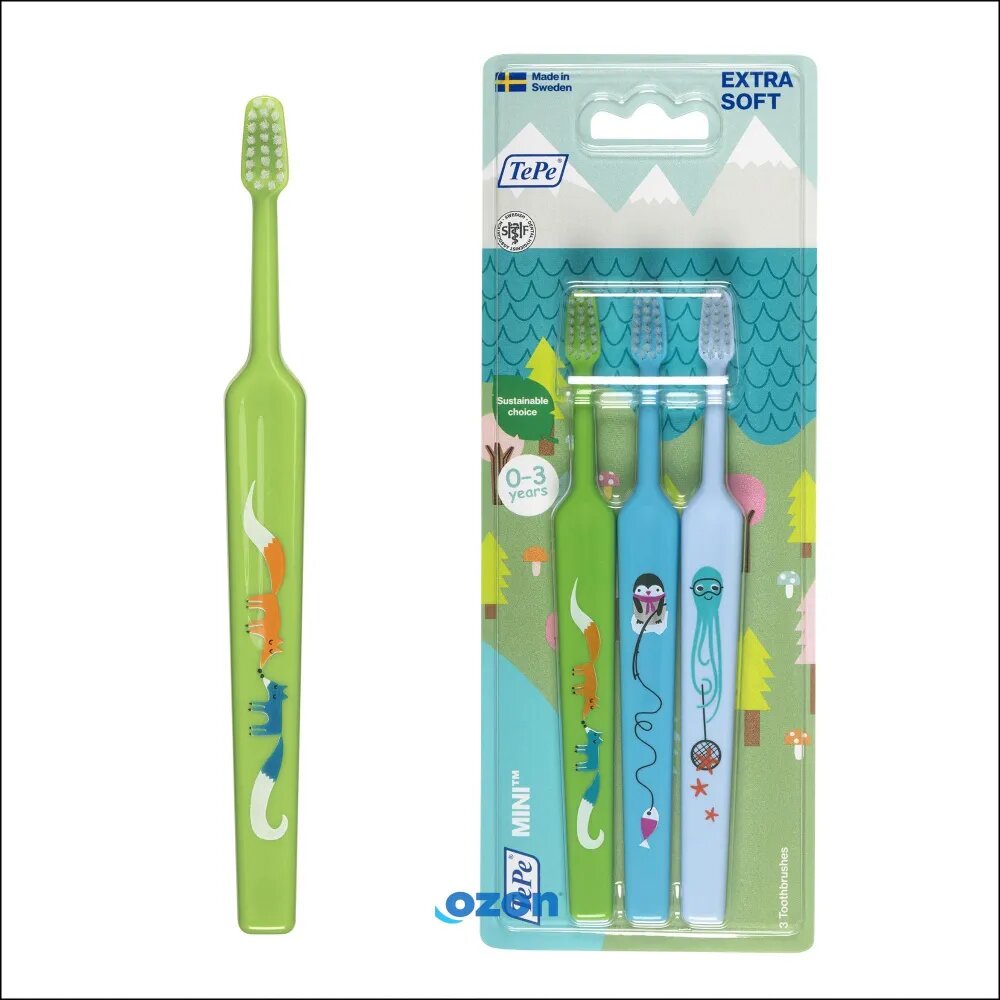 Набор зубных щеток TePe Mini Extra Soft 0-3 лет (3 шт) для детей, мягкая щетина, пластиковая ручка — фото 1