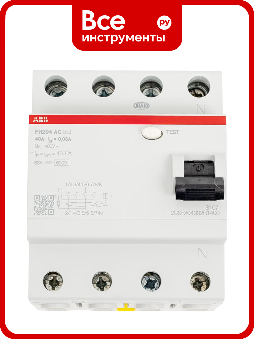 Выключатель дифференциального тока ABB 4 модуля FH204 AC-40/0,03 2CSF204002R1400, защита IP2X, установка на DIN‑рейку