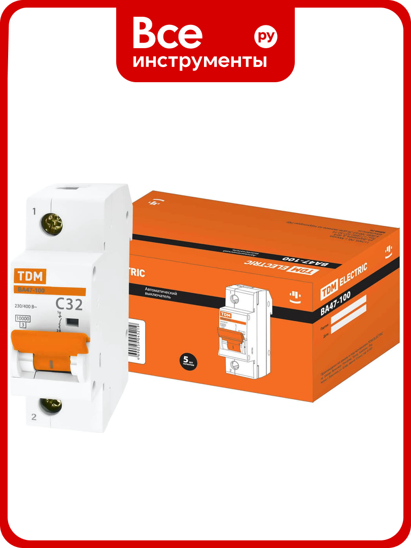 Автоматический выключатель TDM ELECTRIC ВА47-100 1Р 32А 10кА С SQ0207-0049