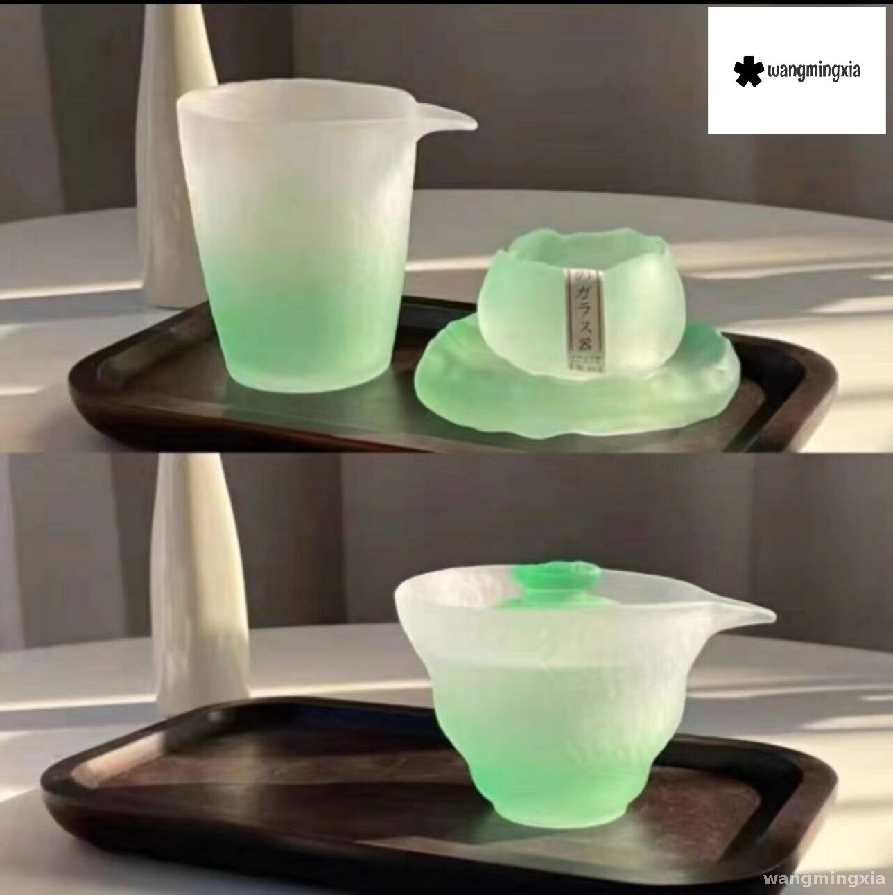 Эксклюзивный набор из 3 предметов, матовозеленый чайный сервиз в японском стиле, выполненный из розового стекла с крышкой
