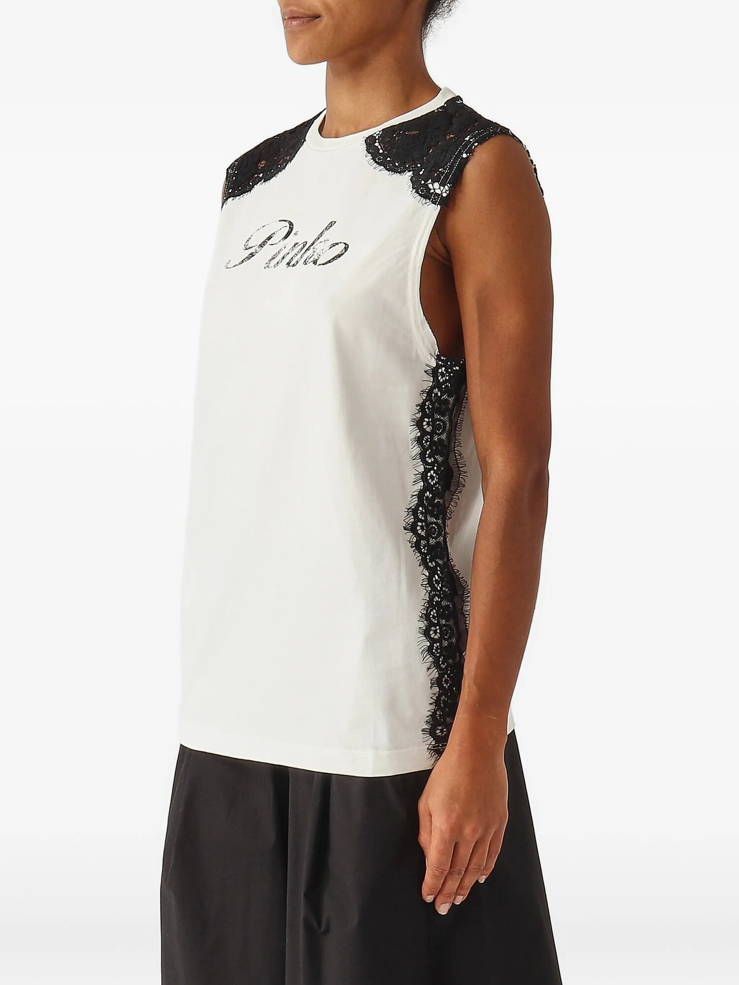 Топ Pinko Lace-trim logo-print top, размер 40, бежевый/белый — фото 1