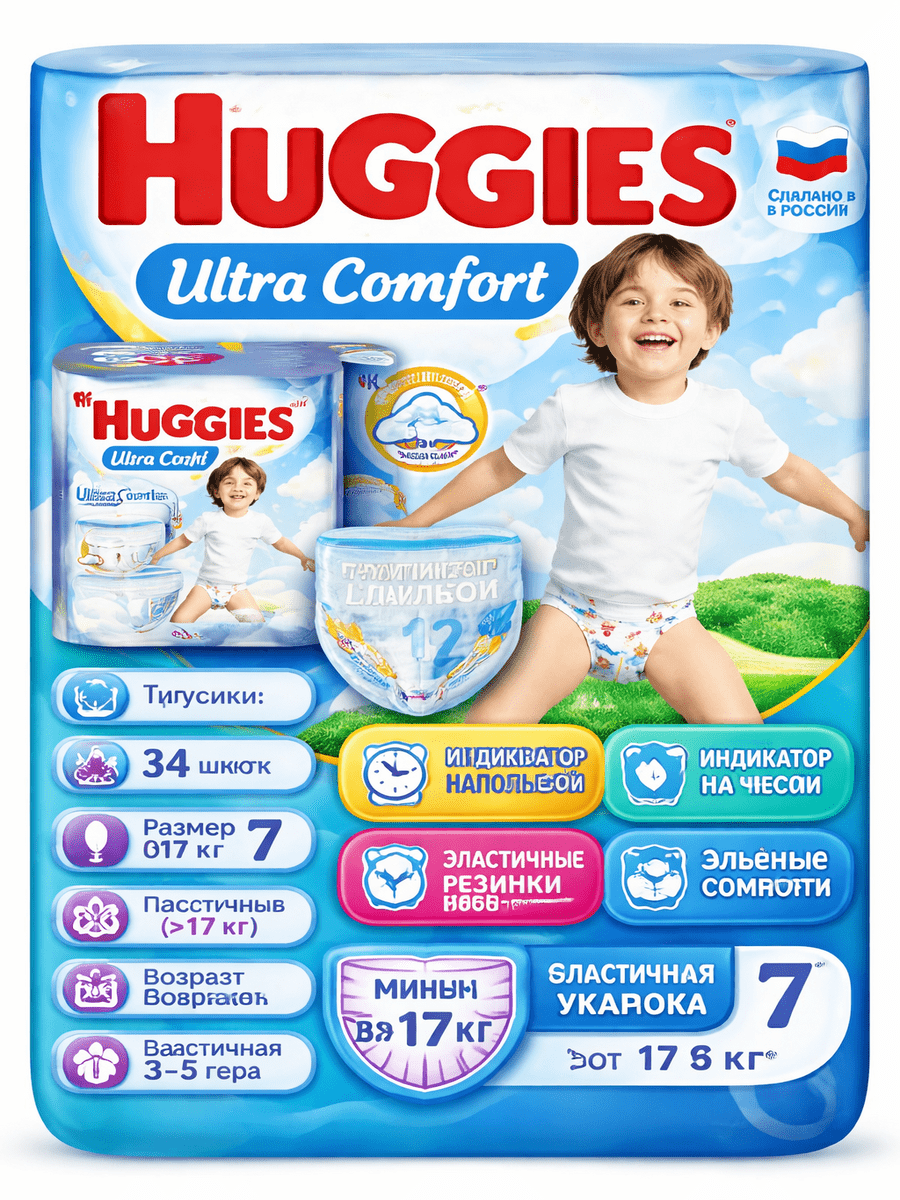 Подгузники-трусики Huggies Ultra Comfort для мальчиков №7 >17кг, 34шт