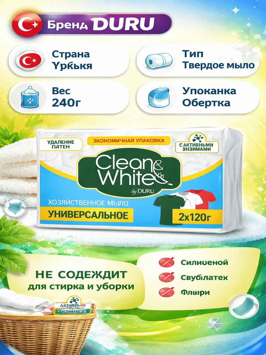 Мыло хозяйственное Duru Clean & White Универсальное (120г x 2шт), 240г